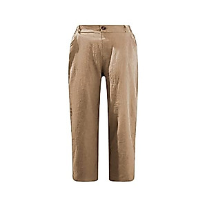 SMIDOW Amazon Coupons and Promo Codes Bell Bottom Pants for Women Women's Cotton Linen Capris Knee Length Pants Trousers Folded Hem Paper Bag Linen Pants with Pockets Cropped Pants Khaki 3XL