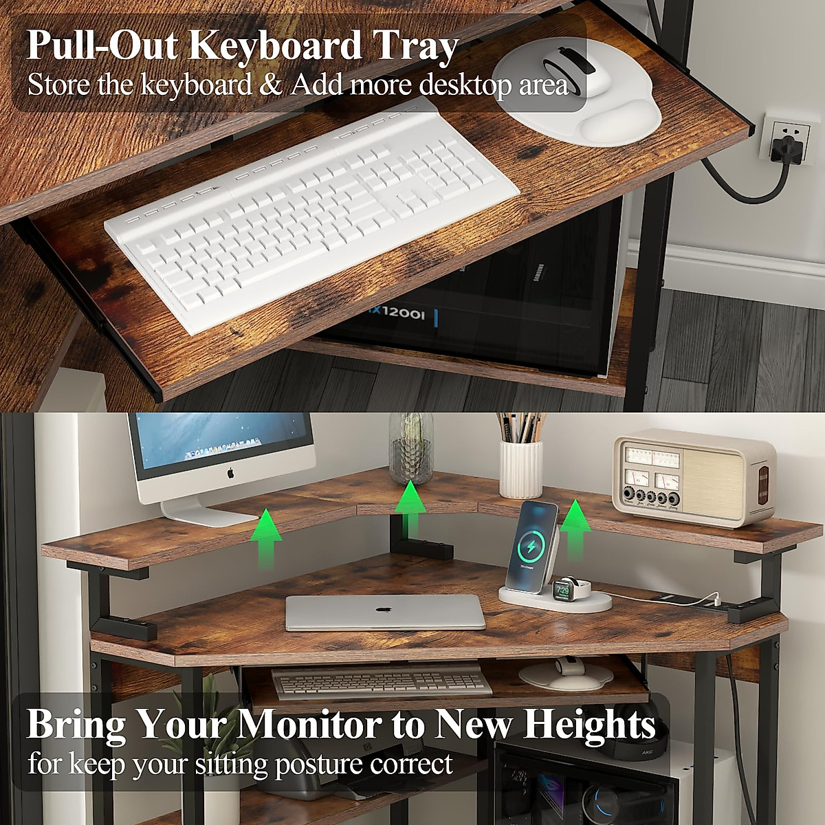 Auromie Corner Desk with Charging Station & LED Light, Triangle Corner Desk with Monitor Stand & Keyboard Tray for Small Space, Gaming Computer Desk with Storage Shelves for Home Office (Rustic)