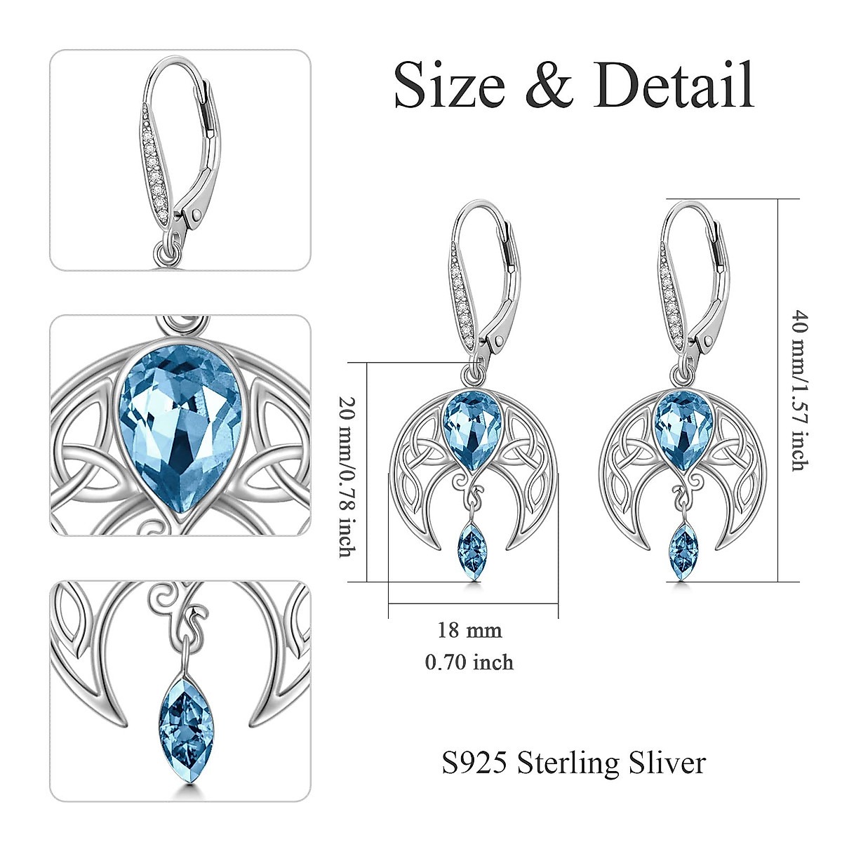 Celtic Moon Earrings 925 Sterling Silver Crescent Moon Leverback Dangle Drop Earrings with Simulated Aquamarine Birthstone Crystal Celtic Irish Jewelry Gifts for Women