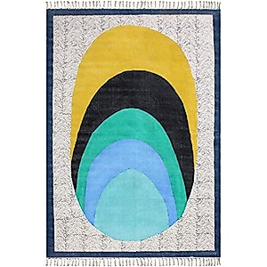Casavani Indian Handmade Cotton Dhurrie Bordered Blue & Yellow Area Rug Boho Kilim Flat Weave Rug Indoor Hall Room Decor Carpet Throw Rugs for Bedroom Living Room Bathroom Balcony 6x12 Feet Runner