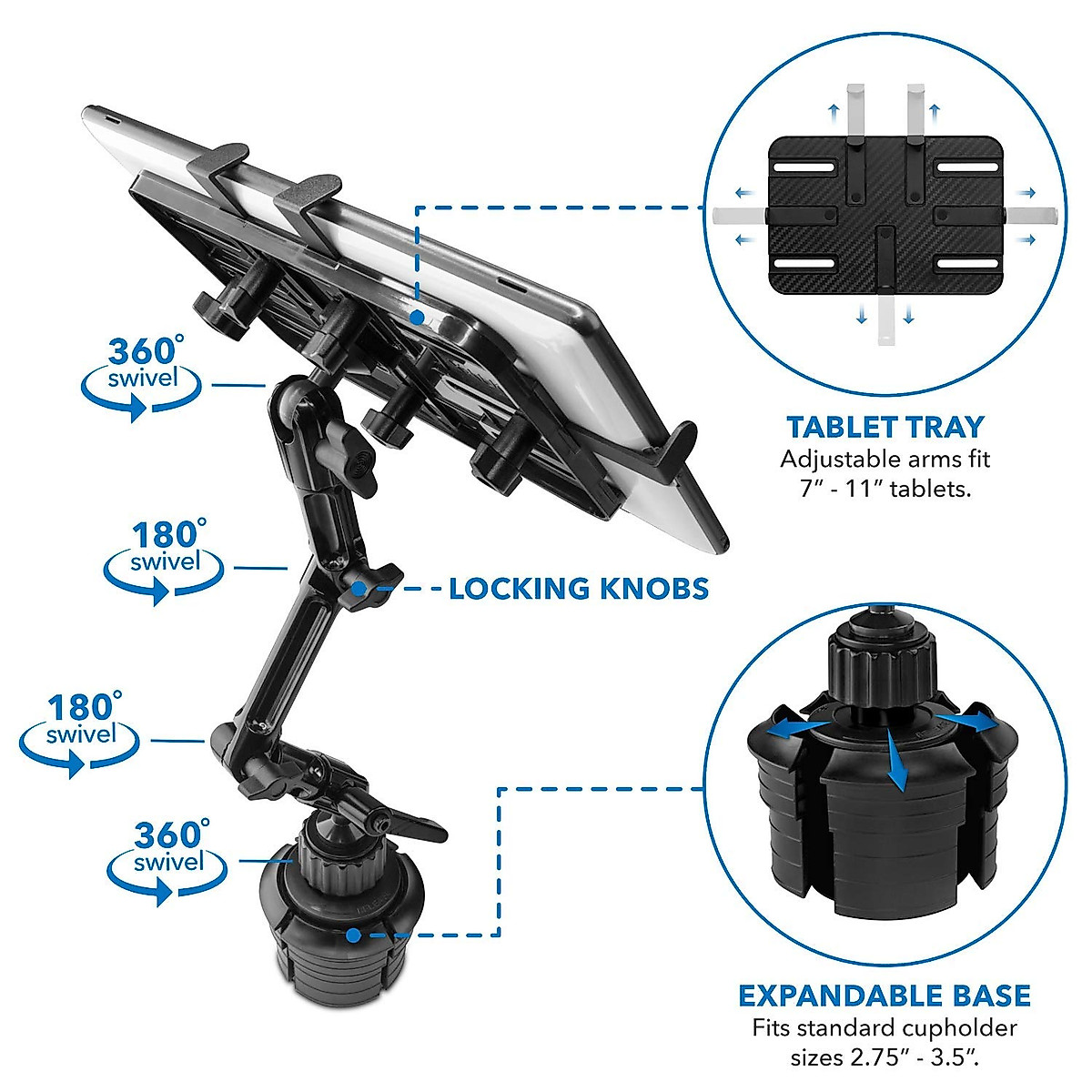 Mount-It! Premium Cup Holder Tablet Mount for Cars - Tablet ELD Mount - Heavy Duty Aluminum Tablet Mount For iPad, Galaxy, & Fire Tablets (MI-7320)