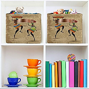 ALAZA Decorative Basket Rectangular Storage Bin, Tribal Ethnic African Women Organizer Basket with Leather Handles for Home Office