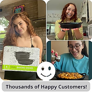 Oval Au Gratin Baking Dishes for Oven Safe and Microwave Cooking and Baking, 4 Pc. Dish Set, Heat Resistant Ceramic with Handles for Serving, Small Mini Casserole Dish, 8” x 5”, 16 oz, Matte Black