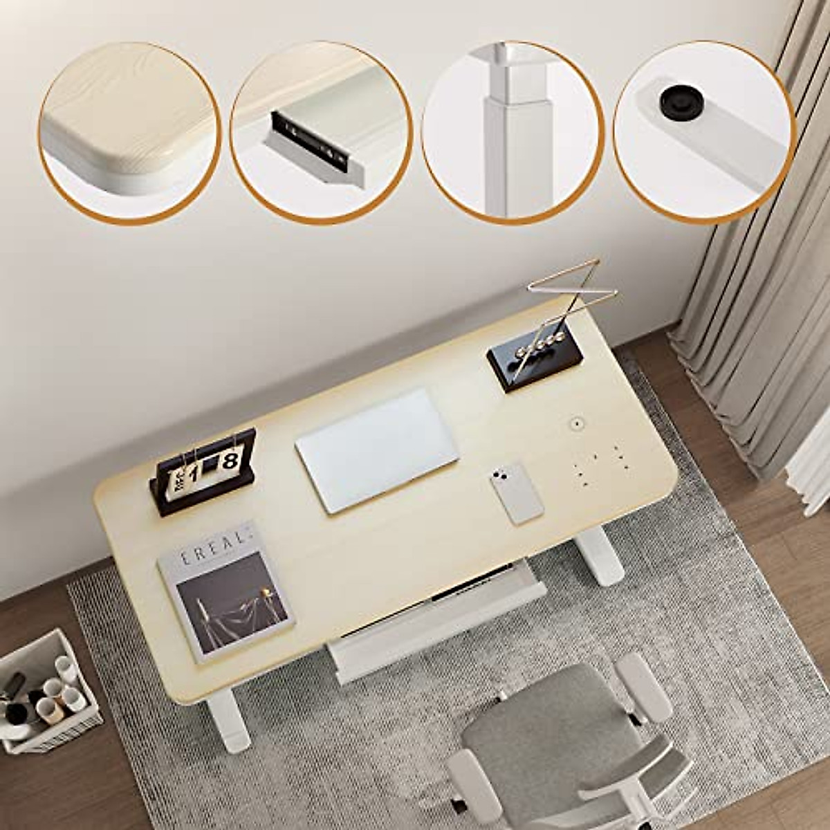 ERGOMORE Standing Desk with Drawer, 45 x 23 Inches Touch Control Adjustable Height Desk with Power Outlet, USB Ports & Wireless Charging, Dual Motor Sit Stand up Desk for Home & Office (Maple)