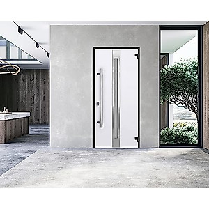 Front Exterior Prehung Glass Steel Door 36 x 80 inches Left-Hand/Deux 1744 Natural Oak/Stainless Inserts Single Modern Veneer