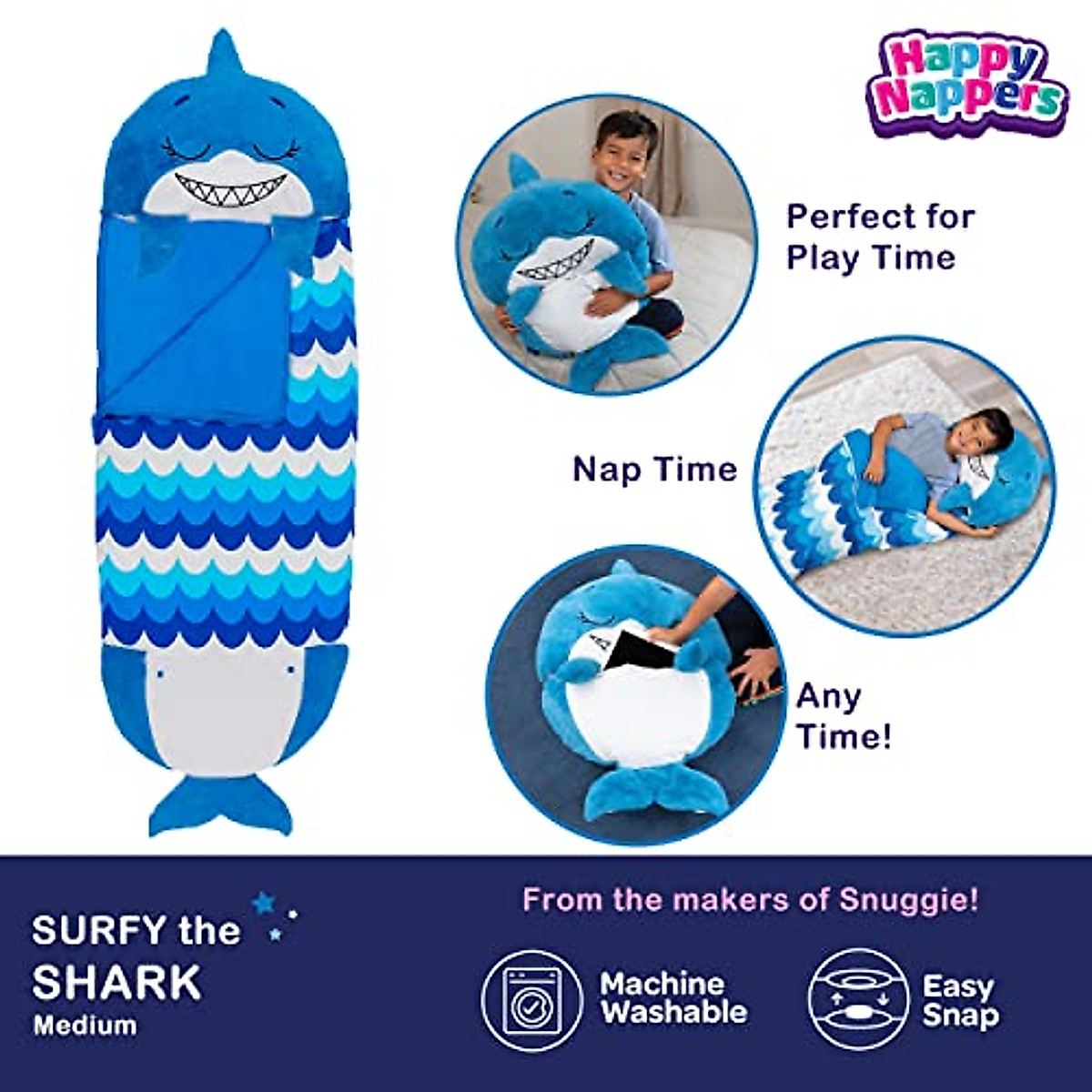 Happy Nappers Pillow & Sleepy Sack- Comfy, Cozy, Compact, Super Soft, Warm, All Season, Sleeping Bag with Pillow- Blue Shark (Medium- 54” x 20”)