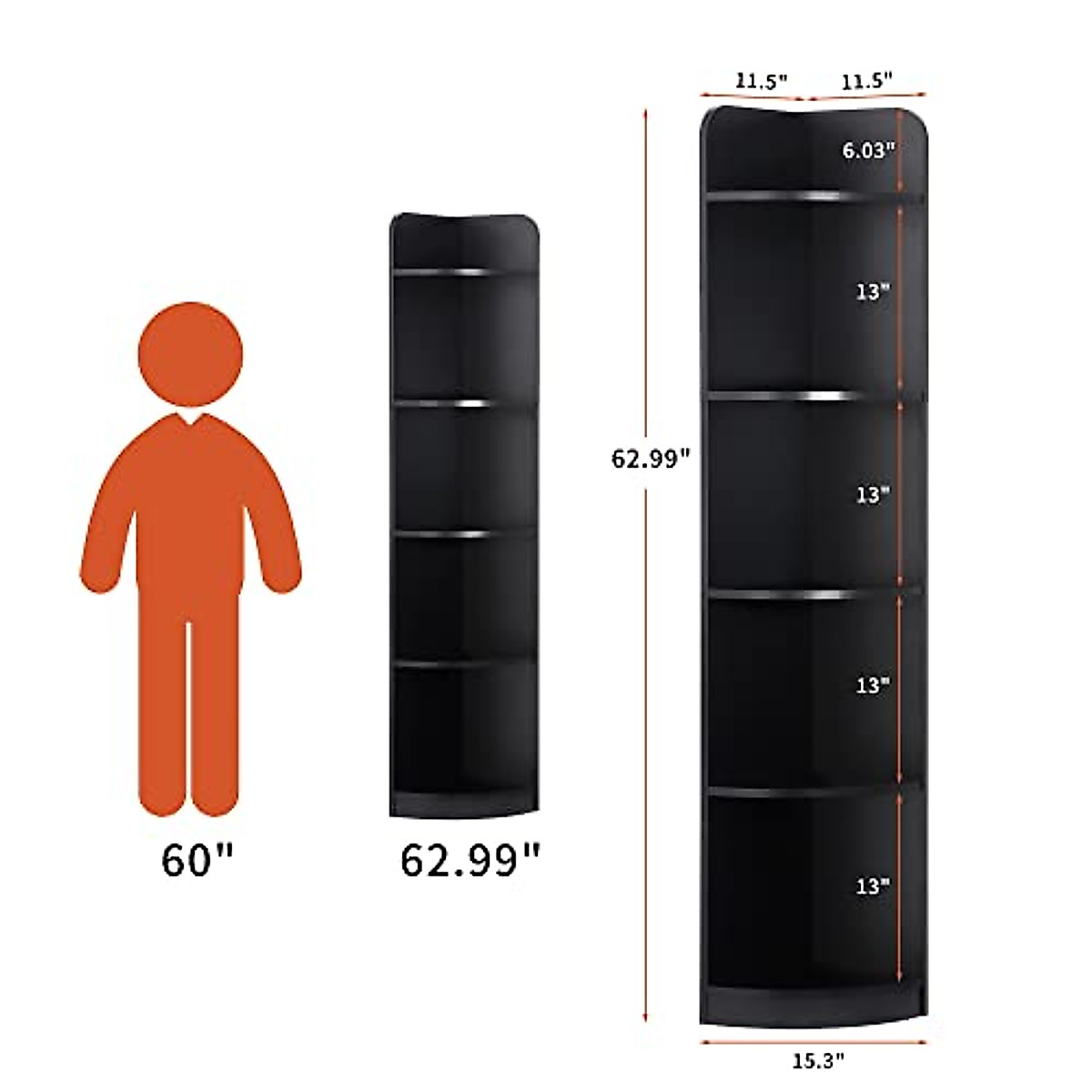 Fun Memories 5-Tier Corner Bookshelf - 63" Tall Modern Free-Standing Corner Bookcase - Durable Wood Corner Cabinet and Plant Shelf in Sleek Black for Living Rooms, Bedrooms, Kitchens and Offices