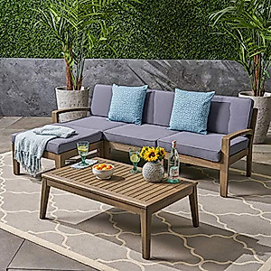 Christopher Knight Home Grenada Sectional Sofa Set | 5-Piece 3-Seater | Includes Coffee Table and Ottoman | Acacia Wood Frame | Water-Resistant Cushions Dark Gray, Finish