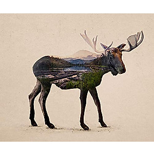 Rustic Double Exposure Bull Moose and Bear Landscape Set; Cabin Lodge Decor; One 11x14 and One 14x11in Gold Trim Brown Framed Poster Print