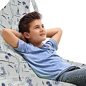 Lunarable Vintage Beach Lounger Chair Bag, Aloha Paradise Summer Thailand Related Palm Tree Surfboard Items, High Capacity Storage with Handle Container, Lounger Size, Pale Sage Green Indigo