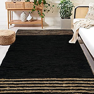 GRUHUM Jute Area Rug 4x6 ft Black Natural Leather Handmade Boho Farmhouse Rustic Vintage Eco Friendly Soft Braided Rug for Indoor Kitchen Bedroom Living Room Hallways Enterways 4'x6' ft Rectangle