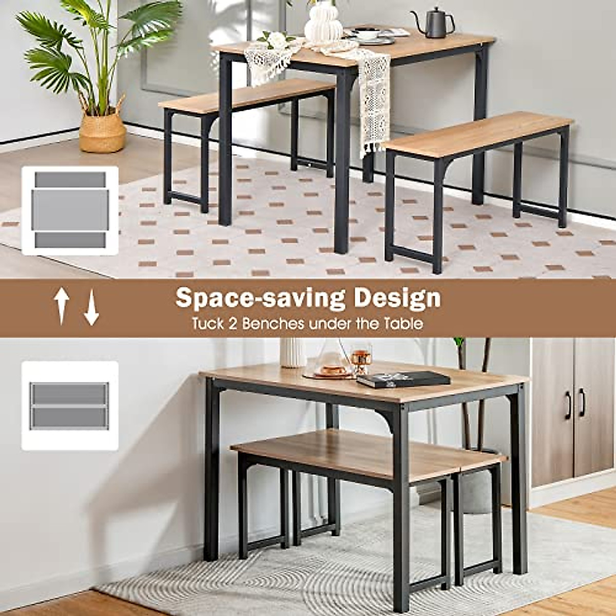 Giantex Dining Table with Bench, Modern Studio Collection Table with 2 Benches, Kitchen 3Pcs Bench Dining Table Set with Metal Frame for Living Room, Kitchen, Small Space