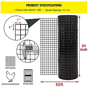 24'' x 50' 1inch Hardware Cloth 16 Gauge Black Vinyl Coated Welded Fence Mesh for Home and Garden Fence and Home Improvement Project (24'' x 50')