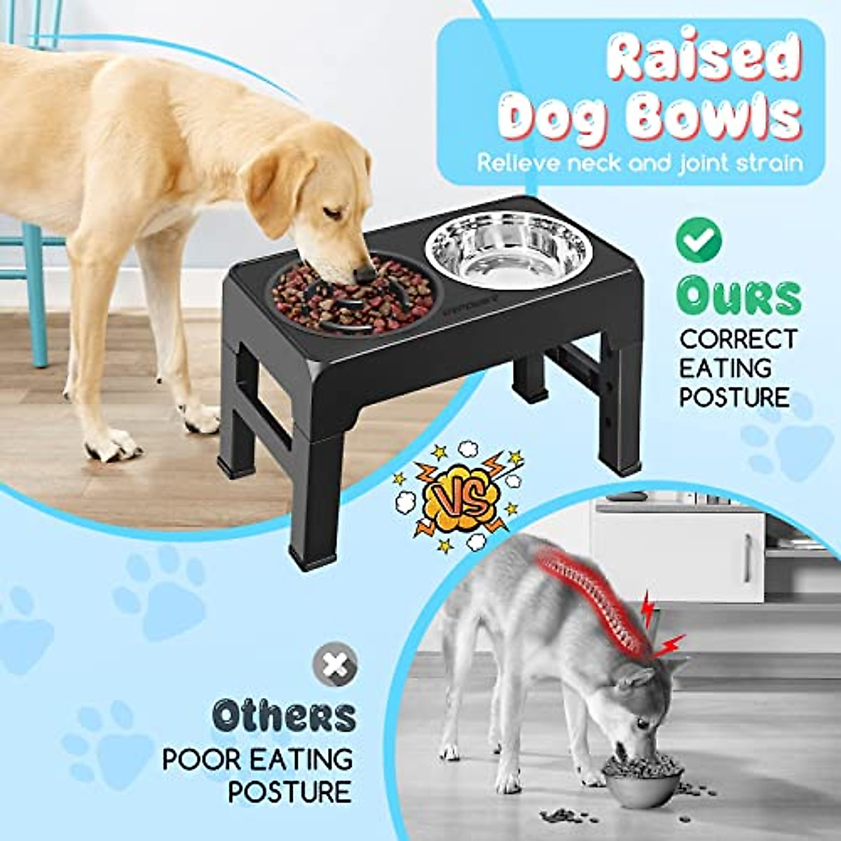 URPOWER Raised Slow Feeder Dog Bowls 4 Height Adjustable Elevated with Stainless Steel Water Bowl and Non-Slip Food Stand for Small Medium Large Dogs Pets