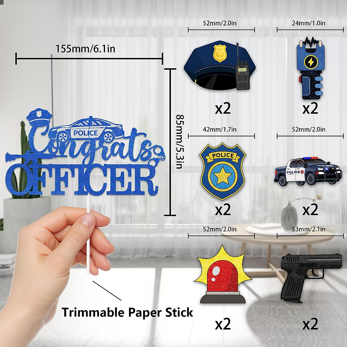 Blue Glitter 1pcs Cake Topper 12pcs Cupcake Topper Pick for Congrats Officer Policeman Theme Decor Supplies Boys Girls 2024 College Graduation Party Decorations