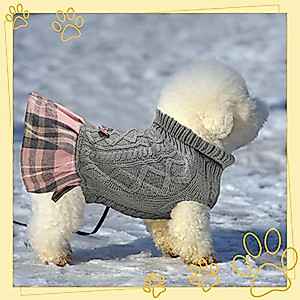 Weewooday 2 Pieces Dog Sweater Plaid Dress Turtleneck with Bow Tie Cold Weather Sweater Pet Sweater Pullover Knitwear Puppy Sweater for Fall Winter Red and Gray (Medium)