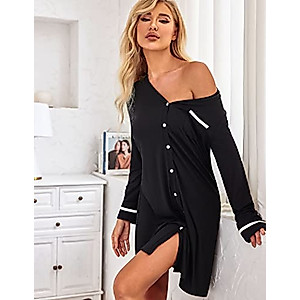 Ekouaer Nightgown Button Down Nightshirt Long Sleeve Pajama Boyfriend Sleepshirt Nightdress for Women