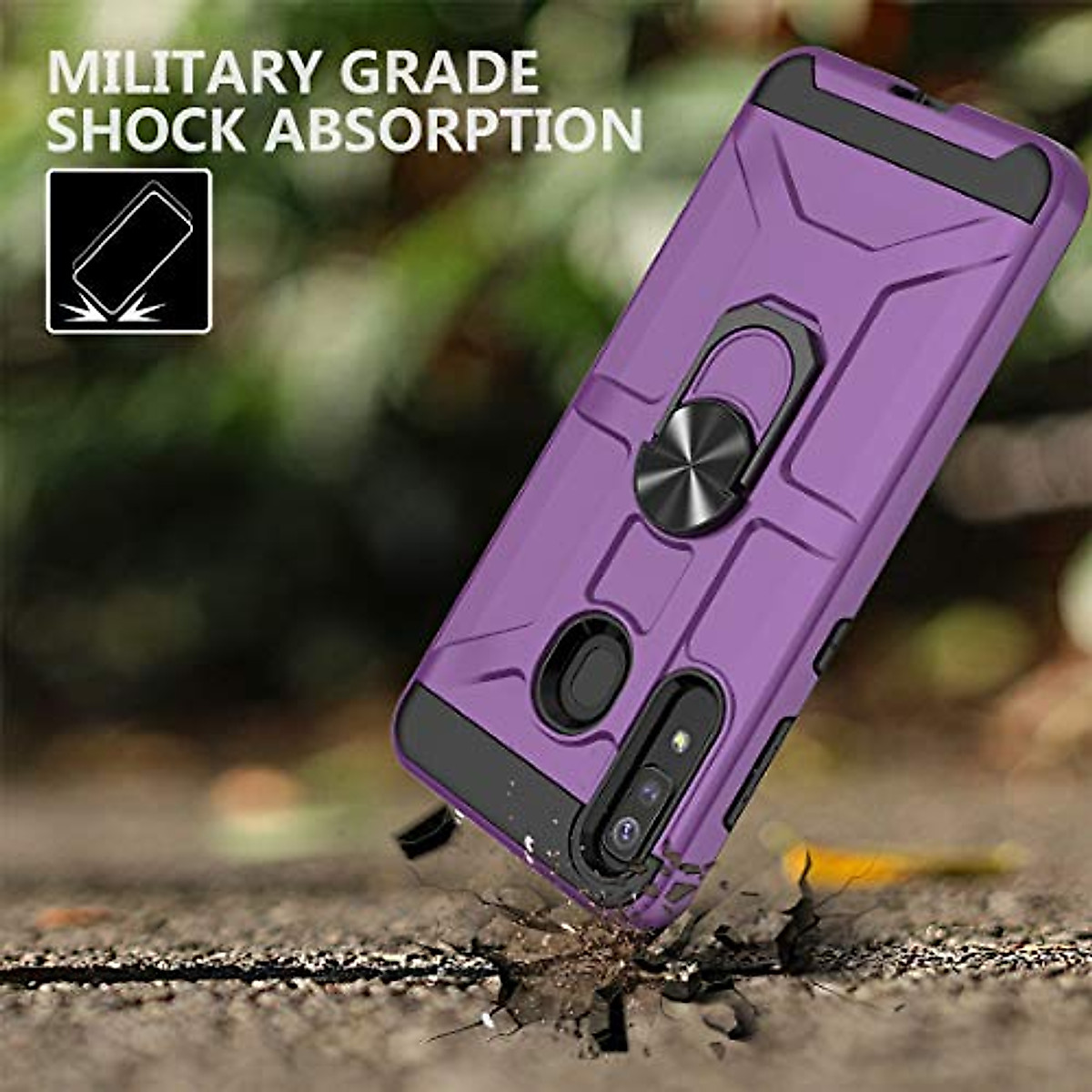 Jeylly Case for Galaxy A20/A50 with Tempered Glass Screen Protector, 360 Rotating Ring Kickstand Holder [Work with Magnetic Car Mount] Armor Defender Shockproof Phone Case for Samsung A20/A30, Purple