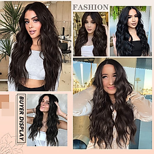 DeeThens Clip in Hair Extensions Long Dark Brown Hair Extensions for Women Wavy Synthetic Thick Hair Extensions Full Head Invisible 3pcs (Dark Brown)
