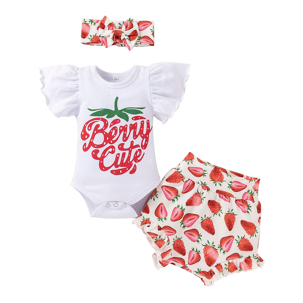 Newborn Baby Girls Clothes Strawberry Ruffles Sleeves Summer Romper Floral Bottoms Shorts Headband 3pcs Outfits Set Infant Girl First Birthday Coming Home Outfits Pants Set Red Strawberry 9-12 Months