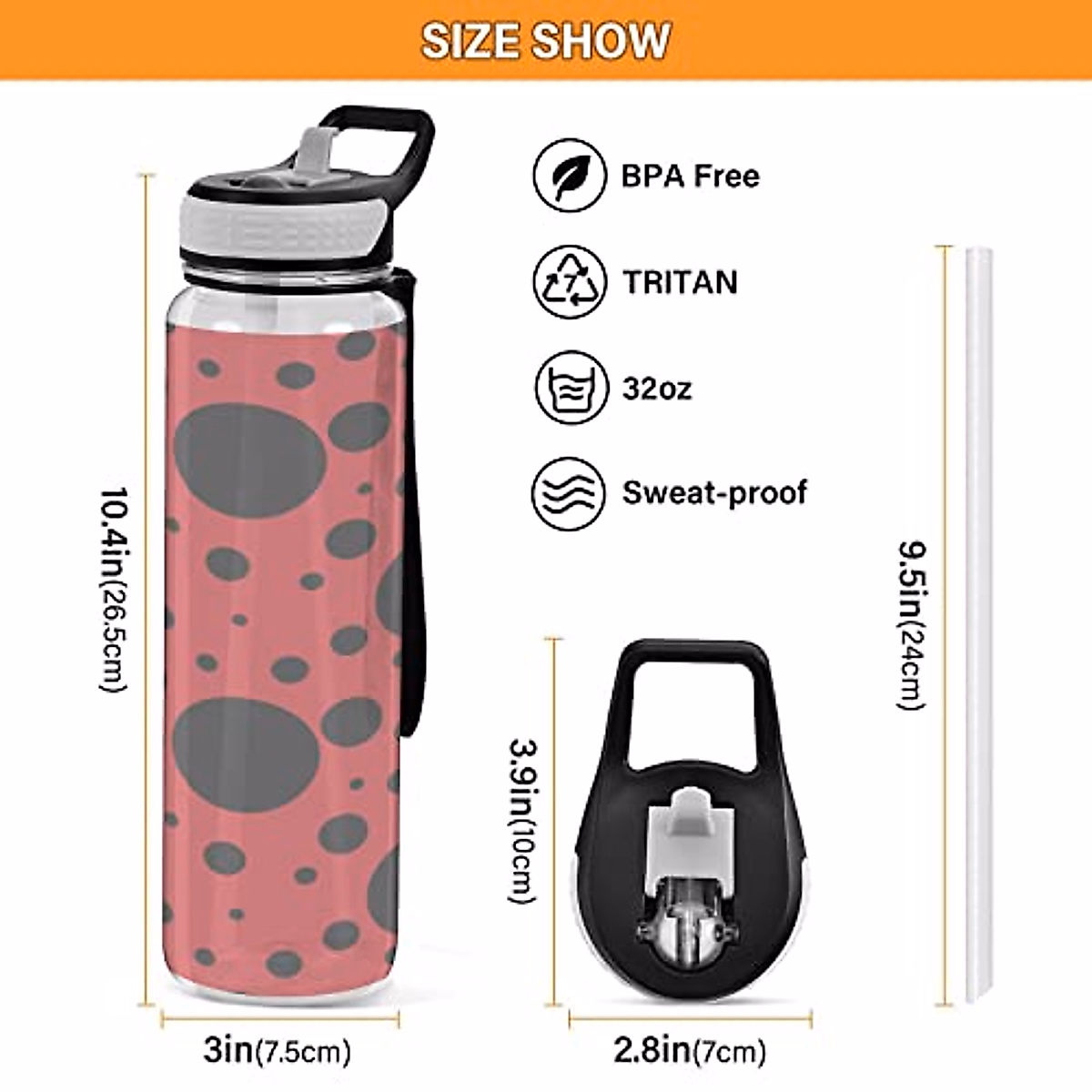 xigua Ladybug Water Bottle with Straw Lid,32 oz Leakproof Sport Water Bottle with Wide Handle for Gym,Cycling,School,Travel