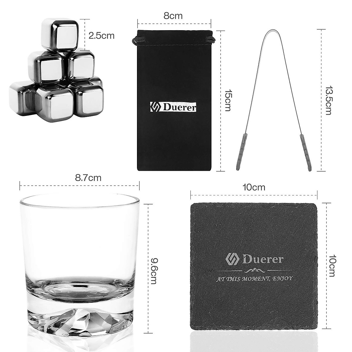 Duerer Whiskey Stones Set, 2 Whiskey Glasses, 8 Reusable Stainless Steel Ice Cubes in Wooden Box, Great Gift for Father's Day, Dad's Birthday or Anytime for Dad, Plus 2 Free Coasters