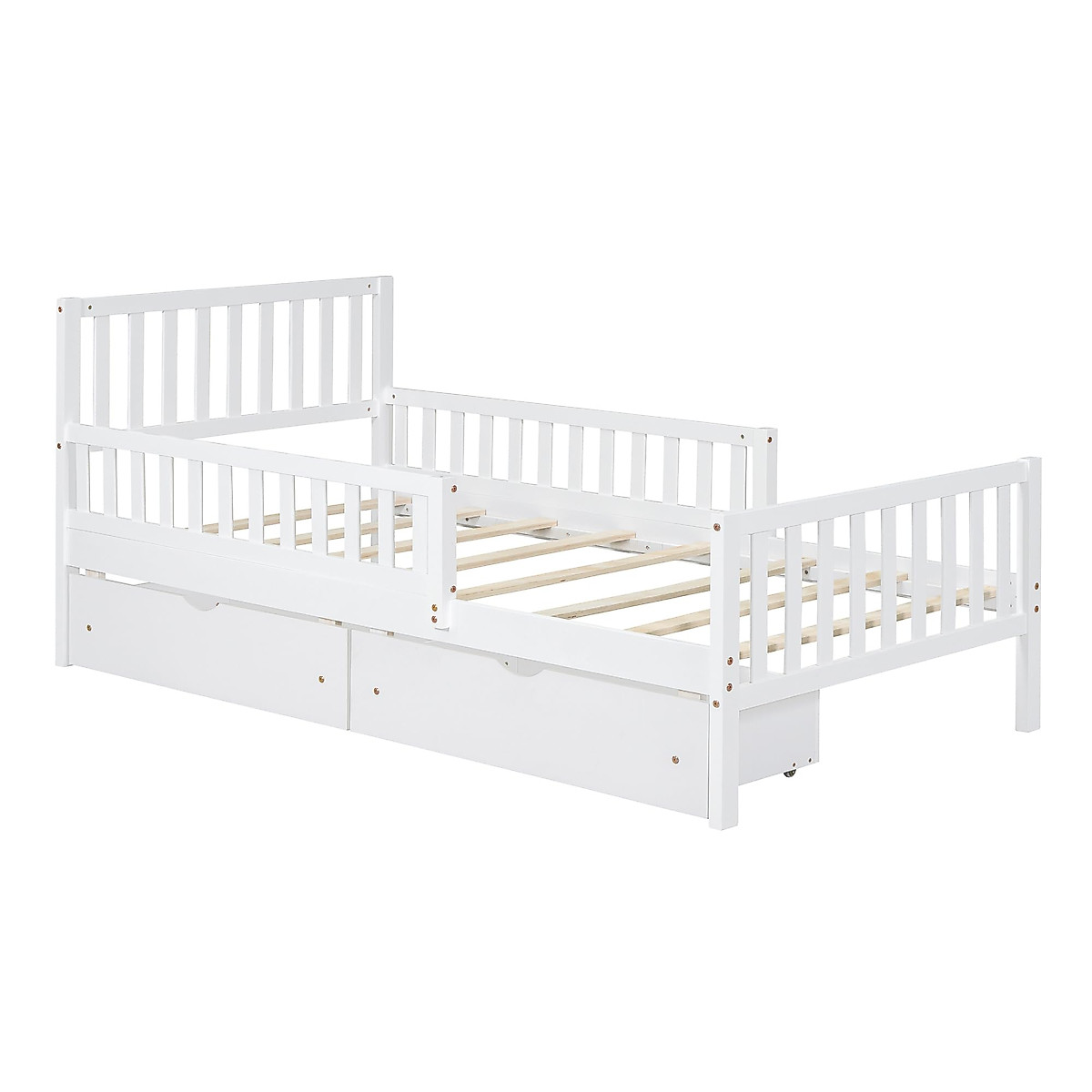 NCKMYB Kids Twin Bed with Guardrails, Low Platform Bed with Headboard and Footboard, White Children Bed Frame with 2 Drawers for Boy Girl