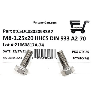 M8-1.25 X 20 Hex Head Cap Screw Hex Bolts DIN933 (M8x20) Full Thread A2-70 Stainless Steel (25 Pieces)