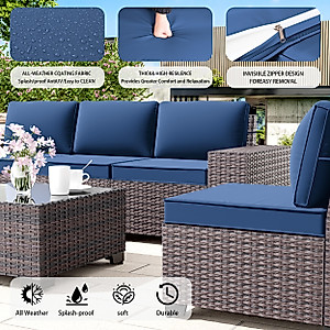 RTDTD Outdoor Patio Furniture Set, 6 Pieces Outdoor Furniture All Weather Patio Sectional Sofa PE Wicker Modular Conversation Sets with Coffee Table,5 Chairs & Seat Clips Dark Blue