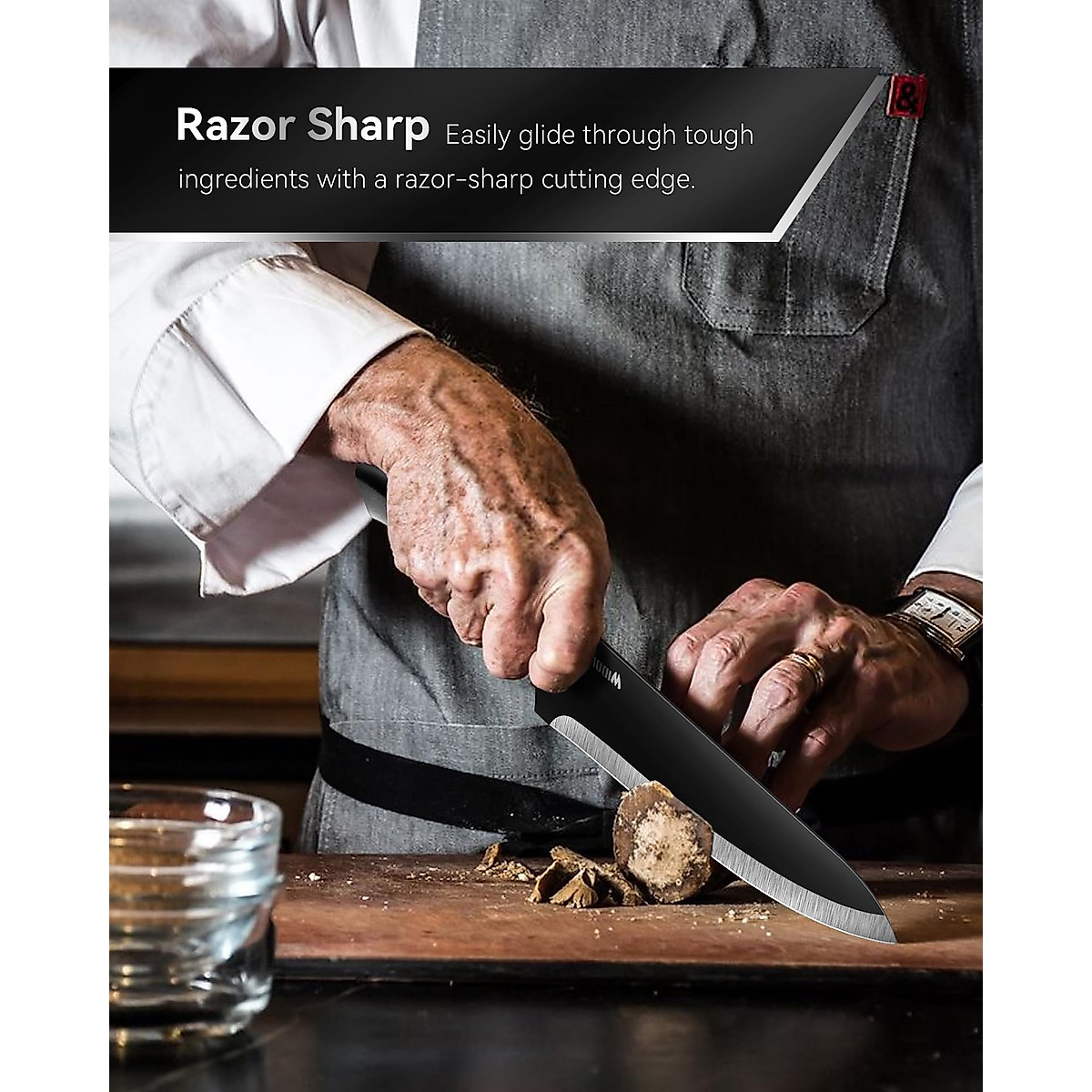 MIDONE Knife Set with Block, 17 Pieces Kitchen Knife Set with Built in Knife Sharpener Block, German Stainless Steel Knife Block Set, Elegant Black