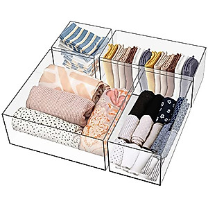 ChengFu Deep Drawer Organizer, Deep Drawer Dividers, 4pcs Acrylic Junk Drawer Organizer Set, Multi-use Junk Drawer Organizer for Office Desk, Kitchen, Bedroom, Makeup, Jewelry, Bathroom