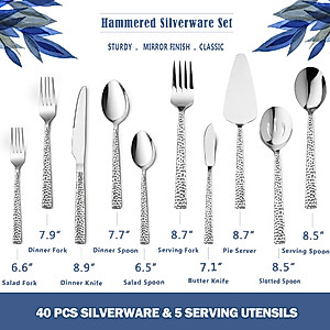 HaWare 45-Piece Hammered Silverware Set with Serving Utensils, Stainless Steel Flatware with Square Edge for 8, Fancy Cutlery Tableware, Include Knifes Forks Spoons, Mirror Polished, Dishwasher Safe