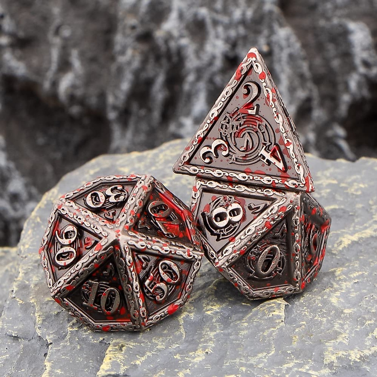 D&D Dice Set for Dungeons and Dragons, RUNFNG 7PCS Metal DND Dice Set D20 D12 D10 D8 D6 D4 D%, Blood Spatter D and D Polyhedral Dice Set for RPG Role Playing Table Game, Warhammer with Gift Box…