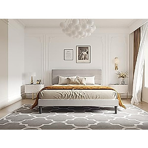 BONSOIR Queen Size Beige Color Modern Low Profile Upholstered Bed Frame with Tufted Headboard