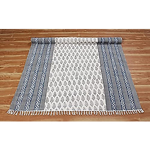 Casavani Hand Block Printed Cotton Dhurrie Striped Tassel Rug Boho Area Rug Easy Care Washable Rugs for Doormat Entryway Living Room Bedroom Hallway Balcony 6x6 Feet Square