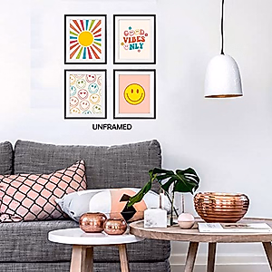 OGILRE Pink Smiley Face Good Vibes Only Preppy Wall Art Decorations Prints, Boho Sun Abstract Sunrise Poster, 8x10 Inch 4 Set UNFRAMED