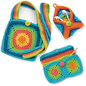 Boye Jonah's Hands Granny Square Accessories Beginners Crochet Kit for Kids and Adults, Makes 3 Projects, Multicolor 8 Piece