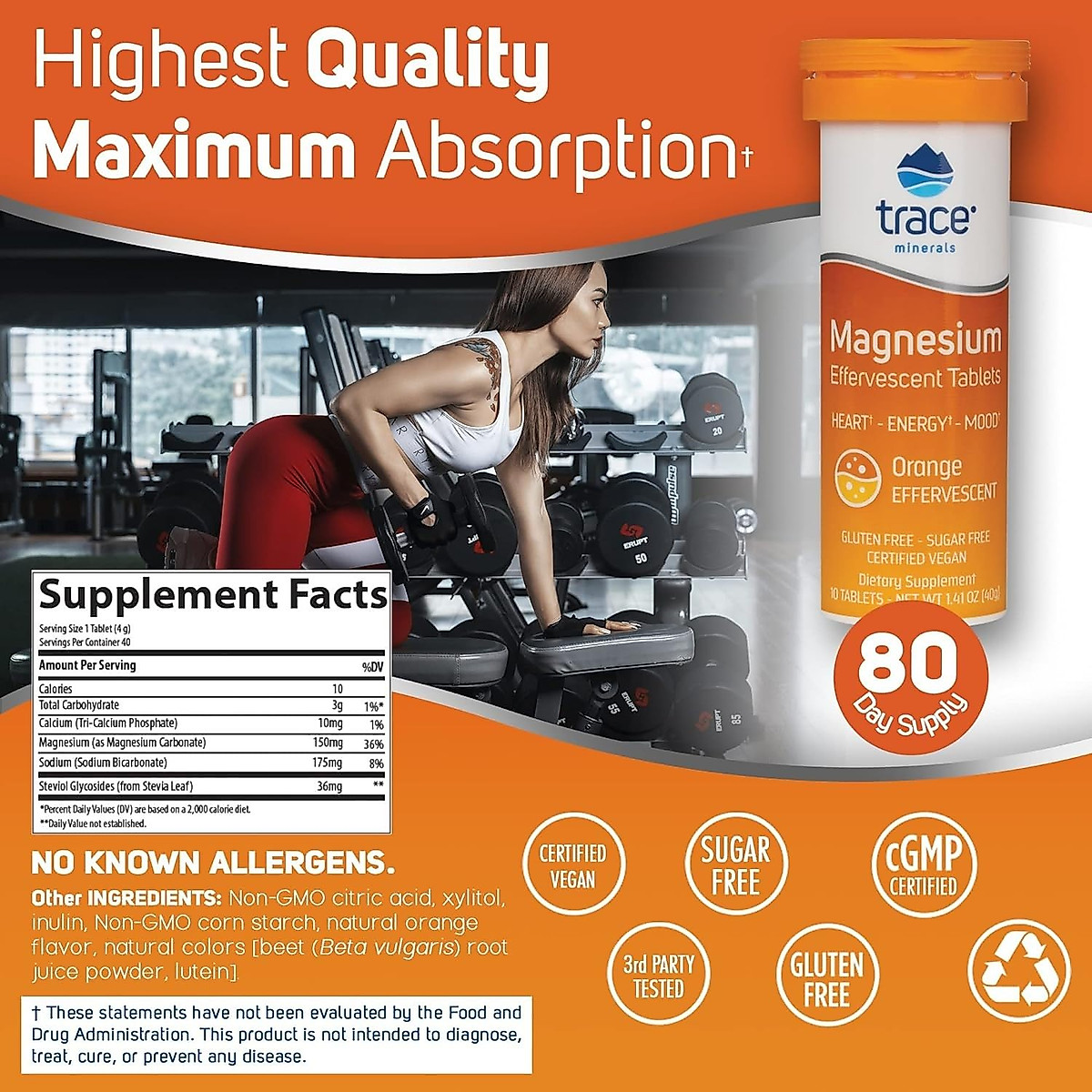 Trace Minerals Magnesium Effervescent - Bone & Circulatory Health Support Supplement - Magnesium Supplement to Aid Cardiovascular Health & Positive Outlook - Orange, 8 Containers (80 Servings)