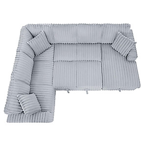 DEINPPA 122 Inch Sleeper Sofa Couch with Pullout Bed, Chunky Furry Corduroy Sectional Sofa with Storage Chaise and Charging Ports, Large Sectional Couches for Living Room-Grey