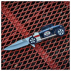 Busted Knuckle Garage - Spring Assisted Pocket Knife - Satin Finish Stainless Steel Blade, Aluminum Handle, Handle is Shaped Like Hot Rod, Liner Lock, Pocket Clip, Mechanic, Wrench Turners - BKG-A005