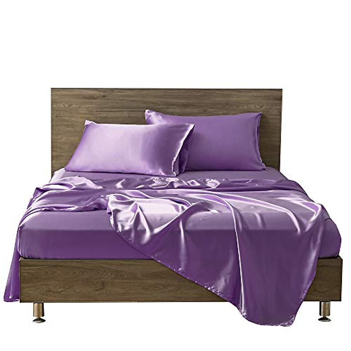 Smooth Luxurious Silk Like Satin Lilac King 4 Piece Sheet Set ( Flat Sheet + Fitted 15" + 2 Pillowcases ) Easy Fit - Breathable & Cooling Sheets - Wrinkle Free