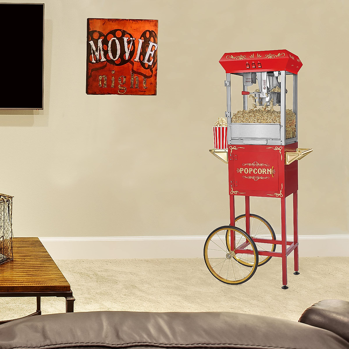 Great Northern Popcorn Foundation Popcorn Machine with Cart 8oz Popper with Stainless-Steel Kettle, Warming Light, and Accessories, (Red)