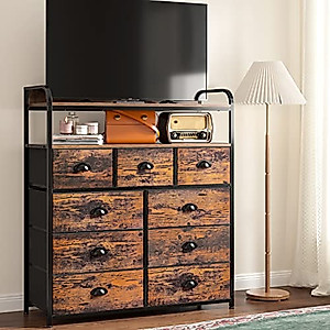 Enhomee Dresser for Bedroom, Chest of Drawers for Bedroom,Tall Dresser with 9 Drawer Dresser,Fabric Dresser for Closet with Wood Top for Nursery,Living Room,Entryway,2 Shelves,Metal Frame,Rustic Brown