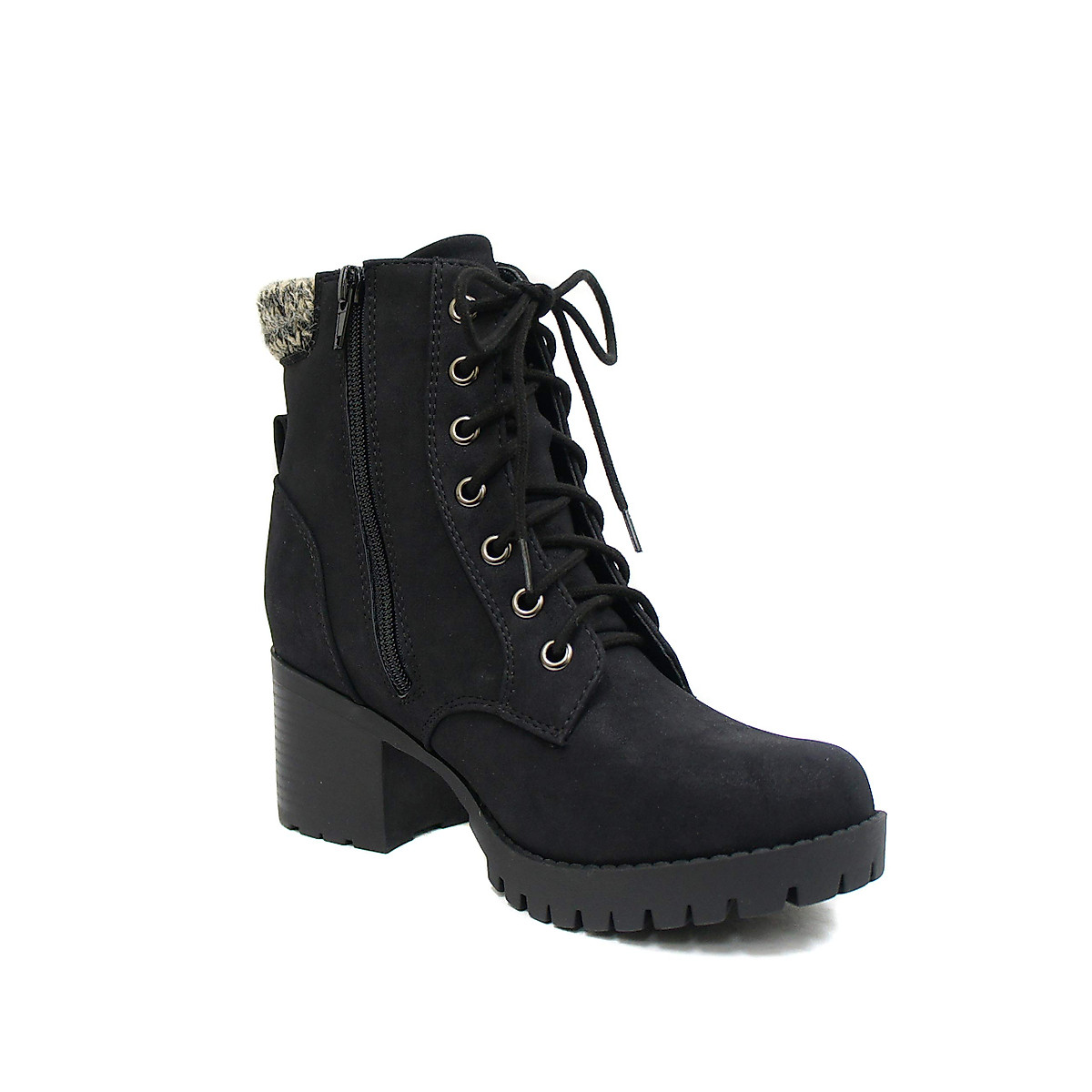 Soda Single Lug Sole Chunky Heel Combat Ankle Boot Lace up w/Side Zipper (7.5, Black (Nubuck))