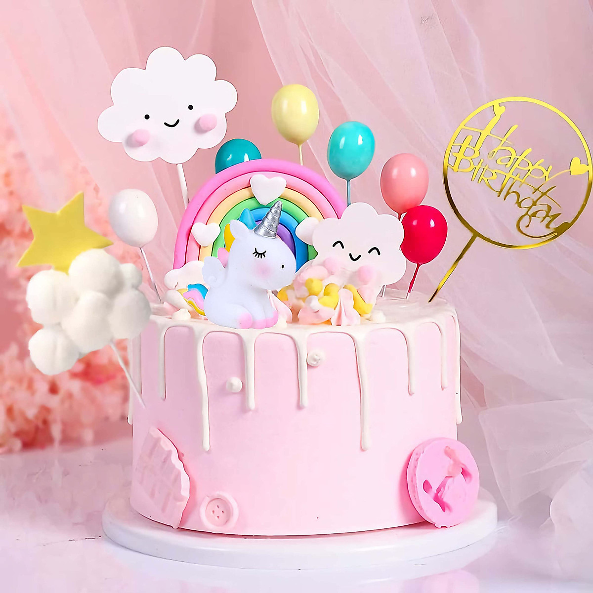 Unicorn Cake Topper, Qoadwem 15pcs Unicorn Rainbow Cake Toppers For Girls with Rainbow Heart Unicorn Cloud Balloon Happy Birthday Cake Decorations For Boys Girls Kids Birthday