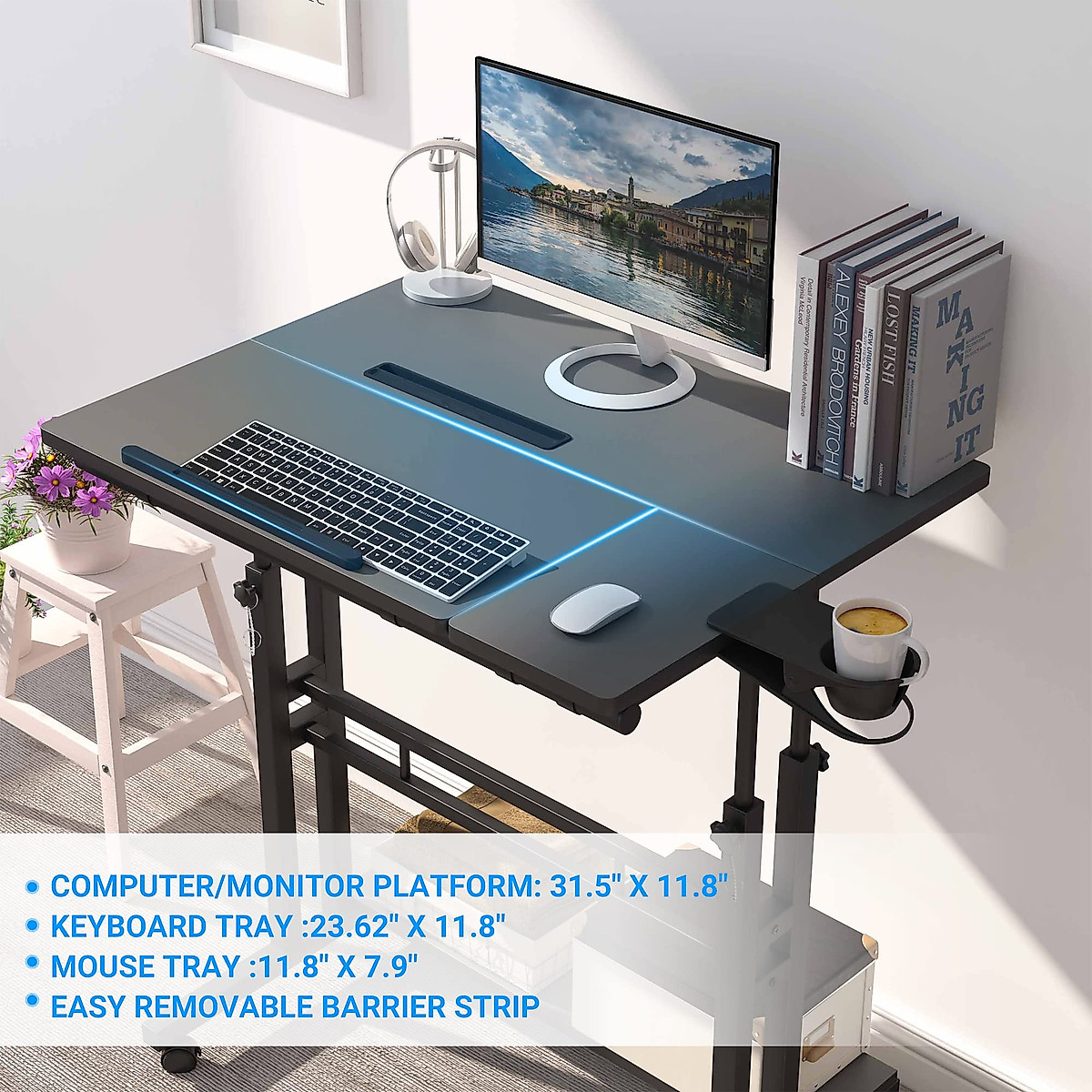 Panta Mobile Standing Desk, Adjustable Rolling Computer Desk with 3 Desktops, Portable Laptop Table with Desk Cup Holder, Home Office Laptop Workstation on Lockable Wheels, Black