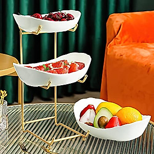 HOMKULA Fruit Bowl for Kitchen Counter - 3 Tier Ceramic Serving Bowls with Metal Stand, Tiered Fruit Basket for Fruit Vegetable Storage, Snack, Nuts, Cake, Dessert (Gold)