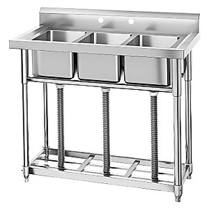 Petyee Stainless Steel Sink, Commercial Kitchen Prep & Utility Sink Free Standing 3-Compartment with Shelf for Restaurant Laundry Garage Bar Workshop (3 Compartment with Shelf, 38.9"L x 17.7"W x 37"H)