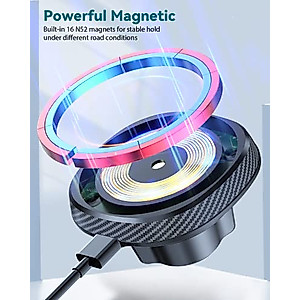 EXELIQ Magnetic Wireless Car Mount Charger, Tri-Pivot Cup Holder Charger Mount with Heat Dissipation System, Fast Magsafe Charging Holder for iPhone 14 13 Pro Max Mini [with QC 3.0 Adapter]