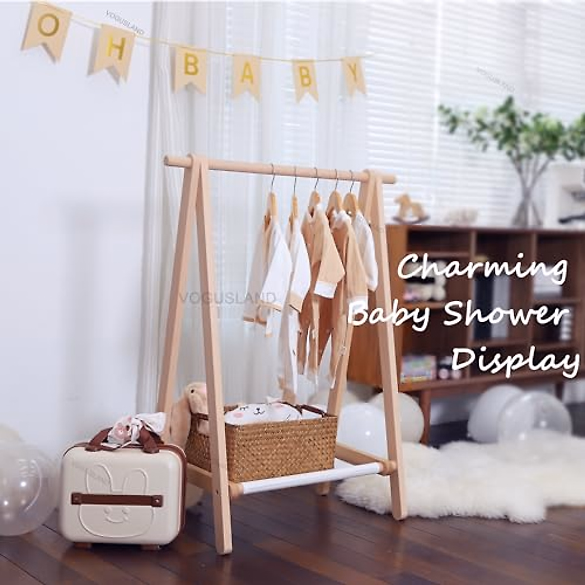 VOGUSLAND Dress up Rack, Child Garment Rack, Kids Clothing Rack with Storage Shelf (Natural Beech, 29.5" L x 14.5" W x 40" H)